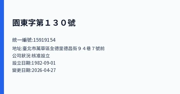 園東字第130號的照片-統編 15919154(臺北市) 公司登記資料與營業項目詳細圖表
