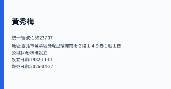 黃秀梅的照片-統編 15923707(臺北市) 公司登記資料與營業項目詳細圖表