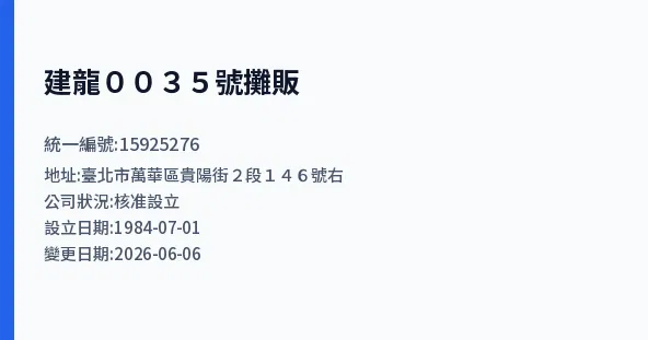 建龍0035號攤販的照片-統編 15925276(臺北市) 公司登記資料與營業項目詳細圖表