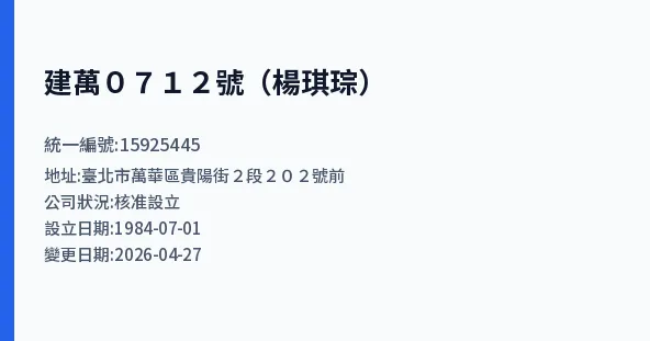 建萬0712號(楊琪琮)的照片-統編 15925445(臺北市) 公司登記資料與營業項目詳細圖表