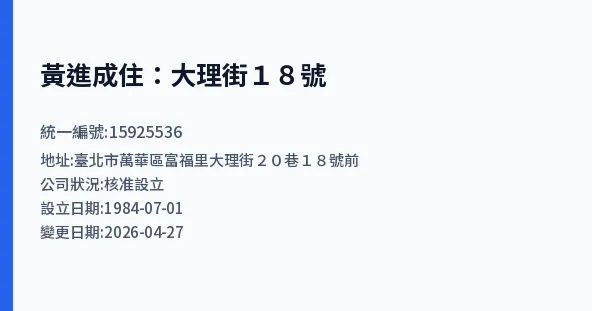 黃進成住:大理街18號的照片-統編 15925536(臺北市) 公司登記資料與營業項目詳細圖表
