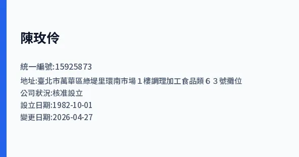 陳玫伶的照片-統編 15925873(臺北市) 公司登記資料與營業項目詳細圖表