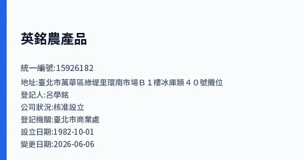英銘農產品的照片-統編 15926182(臺北市) 公司登記資料與營業項目詳細圖表
