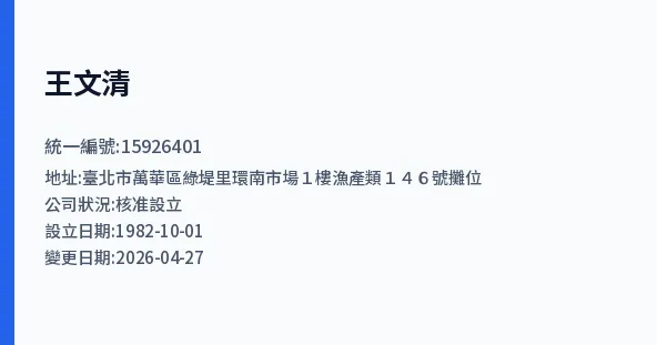 王文清的照片-統編 15926401(臺北市) 公司登記資料與營業項目詳細圖表