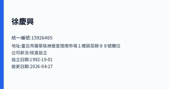 徐慶興的照片-統編 15926465(臺北市) 公司登記資料與營業項目詳細圖表