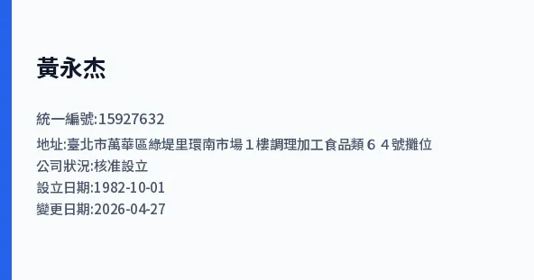 黃永杰的照片-統編 15927632(臺北市) 公司登記資料與營業項目詳細圖表