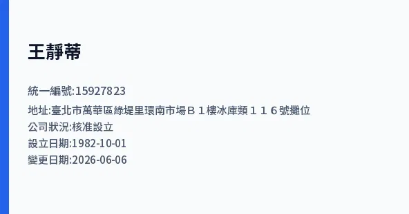 王靜蒂的照片-統編 15927823(臺北市) 公司登記資料與營業項目詳細圖表