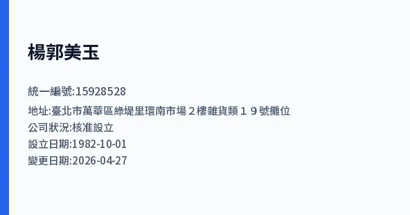 楊郭美玉的照片-統編 15928528(臺北市) 公司登記資料與營業項目詳細圖表