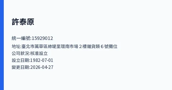 許泰原的照片-統編 15929012(臺北市) 公司登記資料與營業項目詳細圖表