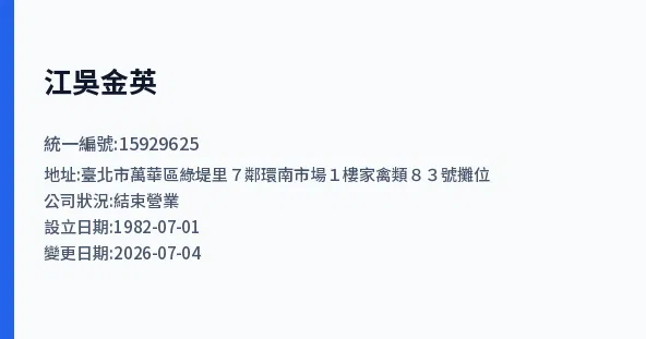 江吳金英的照片-統編 15929625(臺北市) 公司登記資料與營業項目詳細圖表