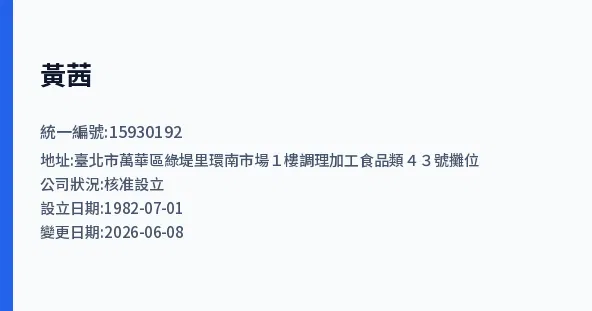 黃茜的照片-統編 15930192(臺北市) 公司登記資料與營業項目詳細圖表
