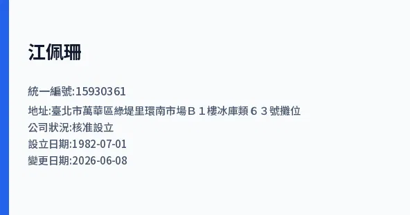 江佩珊的照片-統編 15930361(臺北市) 公司登記資料與營業項目詳細圖表
