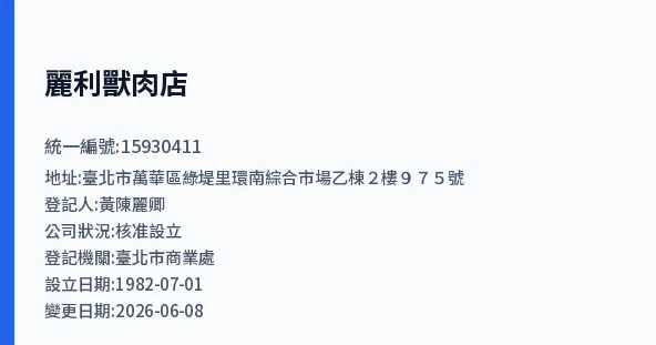 麗利獸肉店的照片-統編 15930411(臺北市) 公司登記資料與營業項目詳細圖表