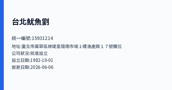 台北魷魚劉的照片-統編 15931214(臺北市) 公司登記資料與營業項目詳細圖表