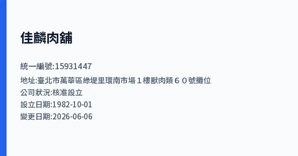 佳麟肉舖的照片-統編 15931447(臺北市) 公司登記資料與營業項目詳細圖表