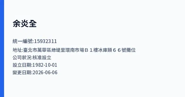 余炎全的照片-統編 15932311(臺北市) 公司登記資料與營業項目詳細圖表