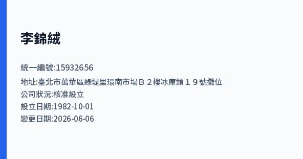 李錦絨的照片-統編 15932656(臺北市) 公司登記資料與營業項目詳細圖表