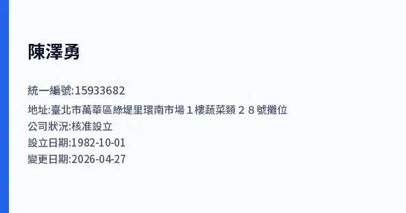 陳澤勇的照片-統編 15933682(臺北市) 公司登記資料與營業項目詳細圖表