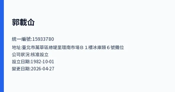 郭載仚的照片-統編 15933780(臺北市) 公司登記資料與營業項目詳細圖表