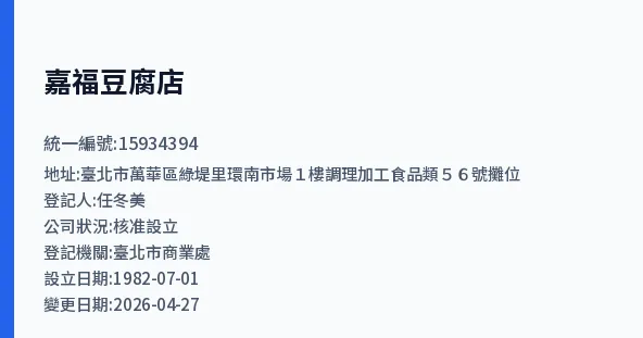 嘉福豆腐店的照片-統編 15934394(臺北市) 公司登記資料與營業項目詳細圖表