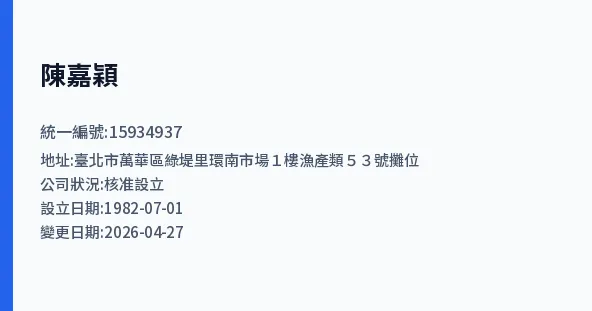陳嘉穎的照片-統編 15934937(臺北市) 公司登記資料與營業項目詳細圖表