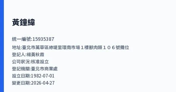 黃鐘緯的照片-統編 15935387(臺北市) 公司登記資料與營業項目詳細圖表