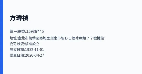 方瑋禎的照片-統編 15936745(臺北市) 公司登記資料與營業項目詳細圖表