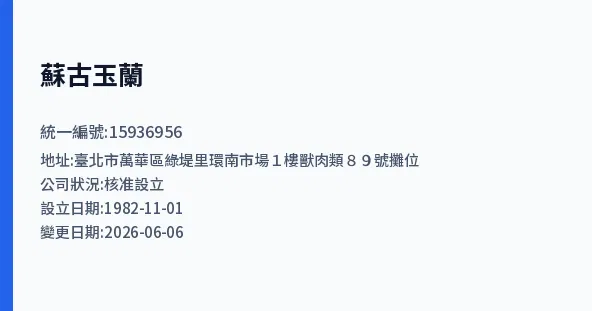 蘇古玉蘭的照片-統編 15936956(臺北市) 公司登記資料與營業項目詳細圖表