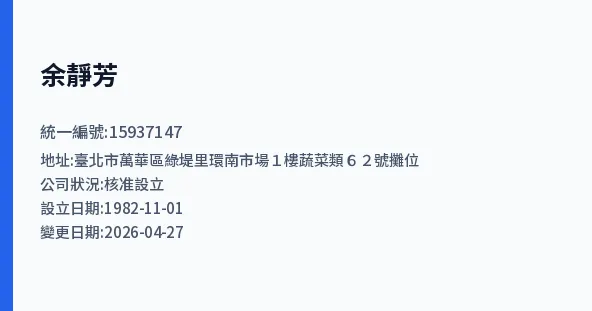余靜芳的照片-統編 15937147(臺北市) 公司登記資料與營業項目詳細圖表