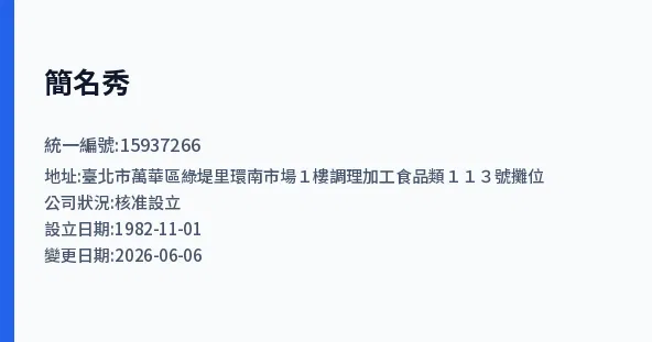 簡名秀的照片-統編 15937266(臺北市) 公司登記資料與營業項目詳細圖表