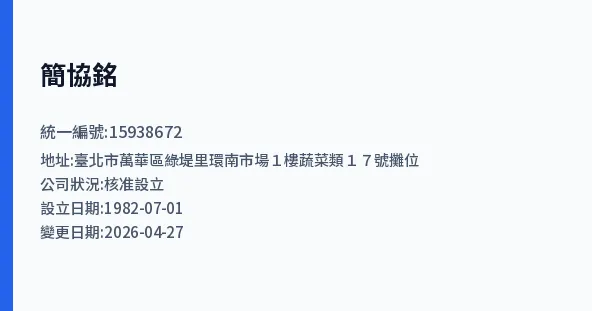 簡協銘的照片-統編 15938672(臺北市) 公司登記資料與營業項目詳細圖表