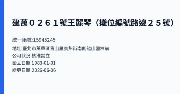 建萬0261號王麗琴(攤位編號路邊25號)的照片-統編 15945245(臺北市) 公司登記資料與營業項目詳細圖表