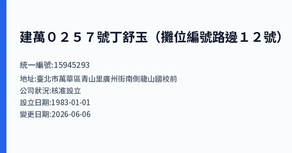 建萬0257號丁舒玉(攤位編號路邊12號)的照片-統編 15945293(臺北市) 公司登記資料與營業項目詳細圖表