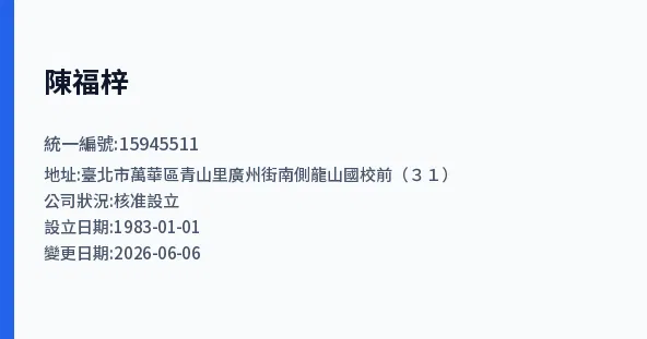 陳福梓的照片-統編 15945511(臺北市) 公司登記資料與營業項目詳細圖表