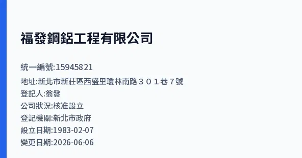 福發鋼鋁工程有限公司的照片-統編 15945821(新北市) 公司登記資料與營業項目詳細圖表