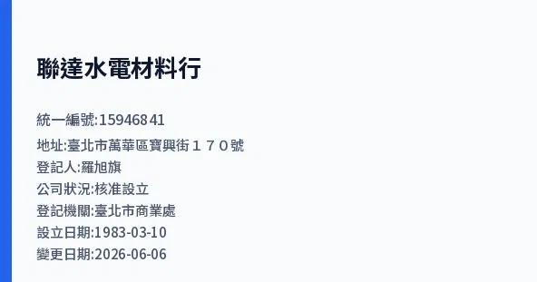 聯達水電材料行的照片-統編 15946841(臺北市) 公司登記資料與營業項目詳細圖表