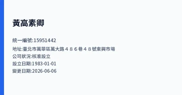 黃高素卿的照片-統編 15951442(臺北市) 公司登記資料與營業項目詳細圖表