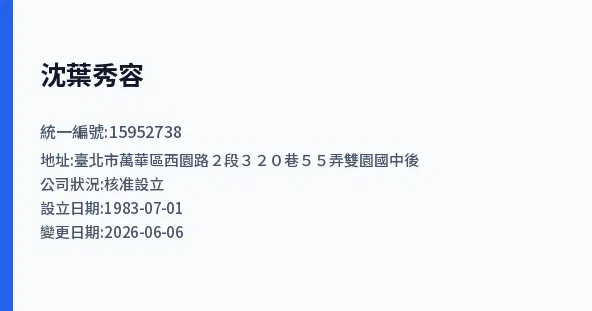 沈葉秀容的照片-統編 15952738(臺北市) 公司登記資料與營業項目詳細圖表