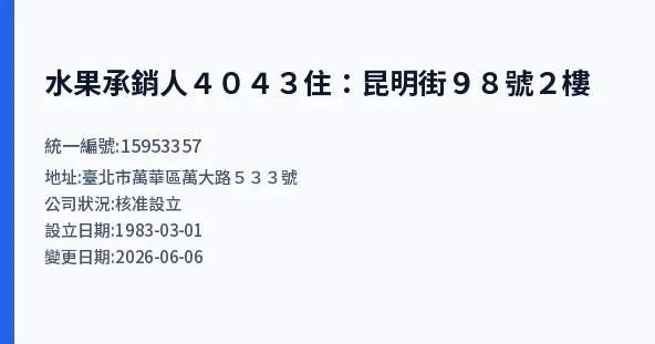 水果承銷人4043住:昆明街98號2樓的照片-統編 15953357(臺北市) 公司登記資料與營業項目詳細圖表
