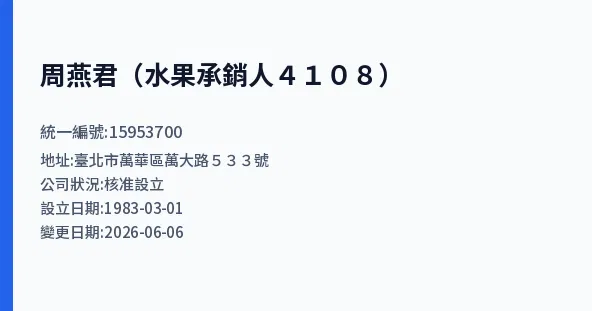 周燕君 (水果承銷人4108)的照片-統編 15953700(臺北市) 公司登記資料與營業項目詳細圖表