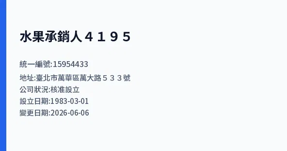 水果承銷人4195的照片-統編 15954433(臺北市) 公司登記資料與營業項目詳細圖表