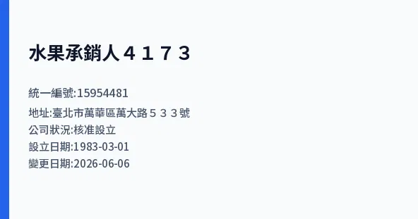 水果承銷人4173的照片-統編 15954481(臺北市) 公司登記資料與營業項目詳細圖表