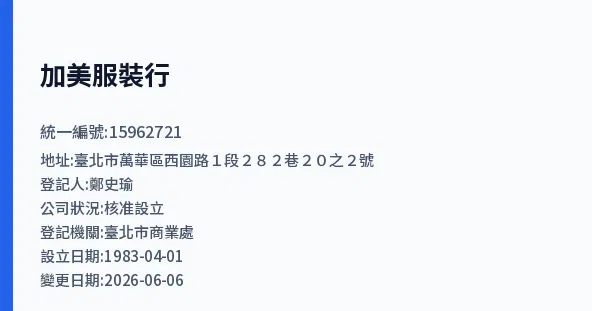 加美服裝行的照片-統編 15962721(臺北市) 公司登記資料與營業項目詳細圖表
