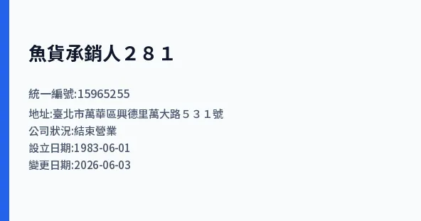 魚貨承銷人281的照片-統編 15965255(臺北市) 公司登記資料與營業項目詳細圖表