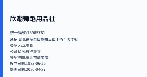 欣潮舞蹈用品社的照片-統編 15965781(臺北市) 公司登記資料與營業項目詳細圖表