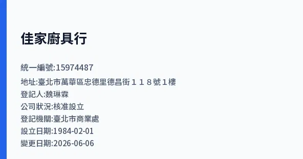 佳家廚具行的照片-統編 15974487(臺北市) 公司登記資料與營業項目詳細圖表