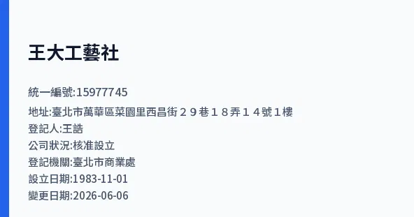 王大工藝社的照片-統編 15977745(臺北市) 公司登記資料與營業項目詳細圖表