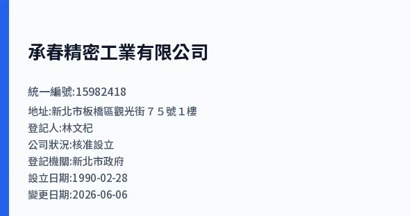 承春精密工業有限公司的照片-統編 15982418(新北市) 公司登記資料與營業項目詳細圖表