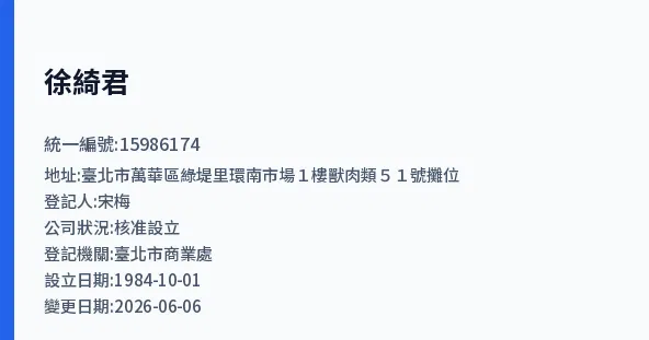 徐綺君的照片-統編 15986174(臺北市) 公司登記資料與營業項目詳細圖表