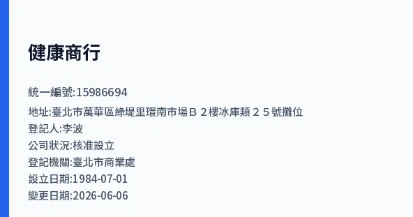 健康商行的照片-統編 15986694(臺北市) 公司登記資料與營業項目詳細圖表